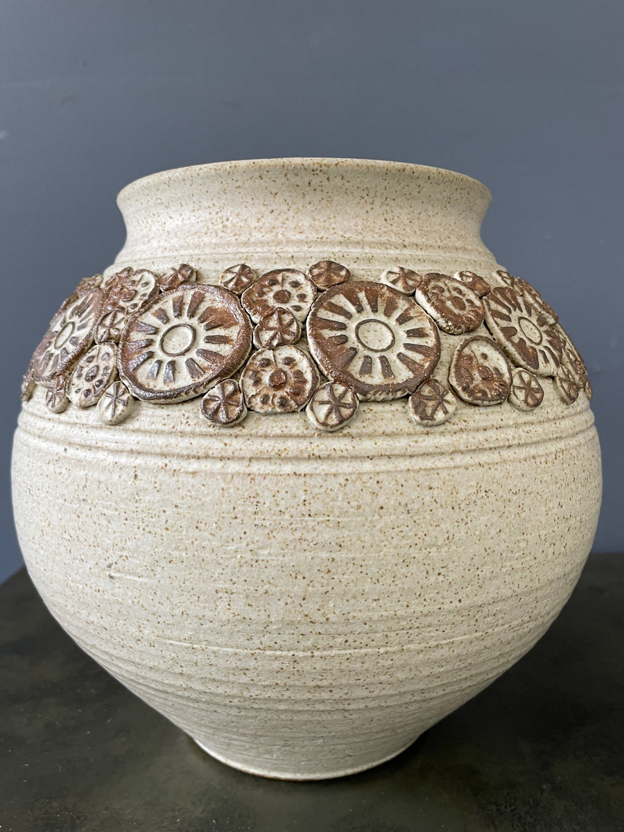 Wishon-Harrell Studio Art Pottery Ceramic Lidded Vase with Appliqué De ...